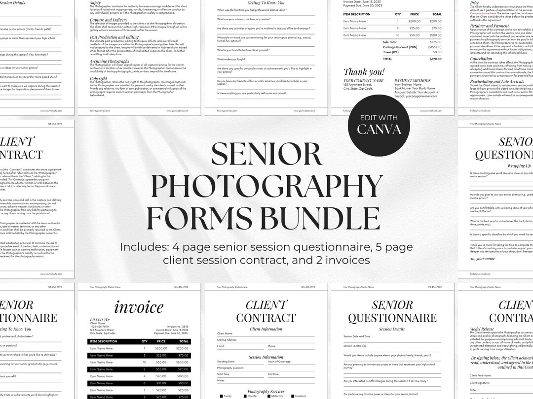 Senior Photography Forms Bundle, Senior Client Questionnaire, Senior ...
