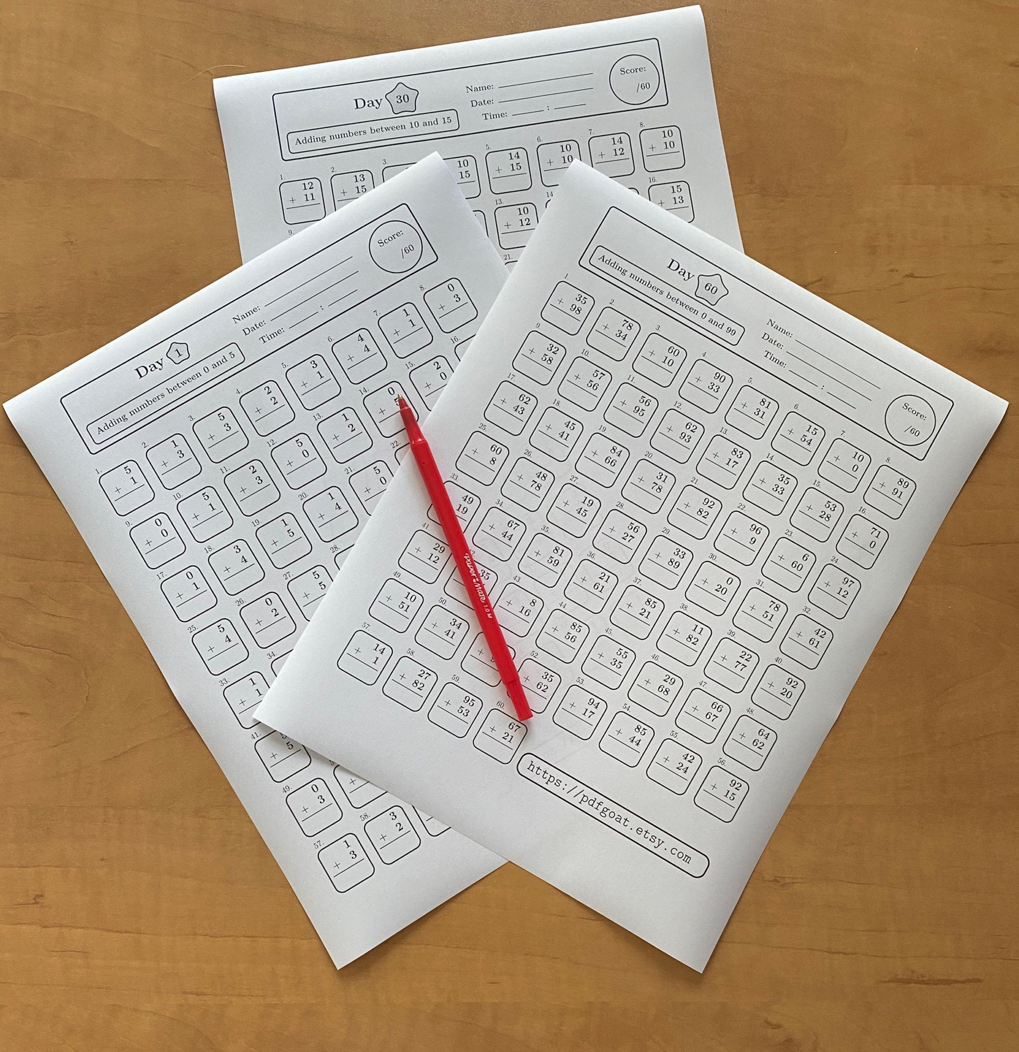 ADDITION Timed Tests (60 Days) With Answer Key - One and Two-digit ...