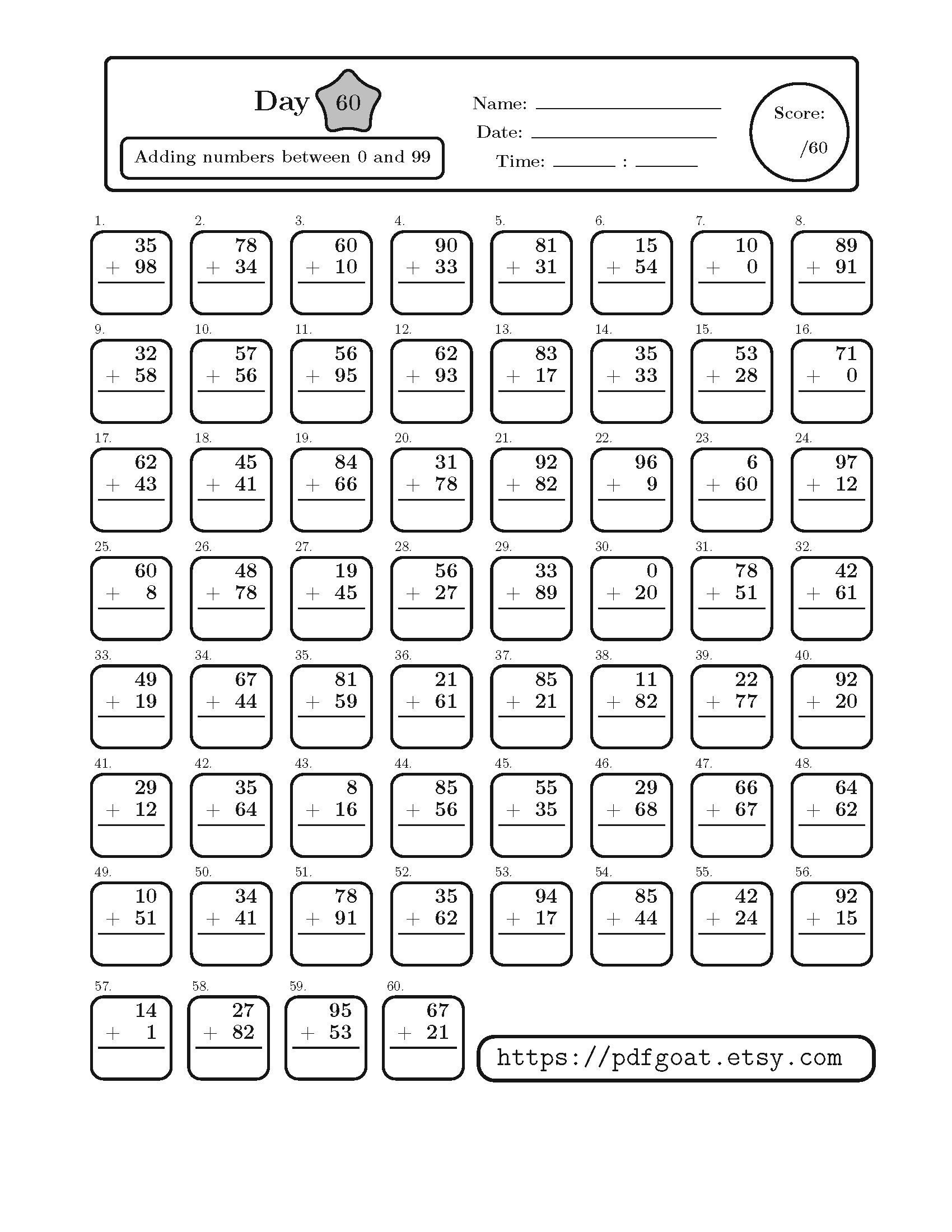 ADDITION Timed Tests (60 Days) With Answer Key - One and Two-digit ...