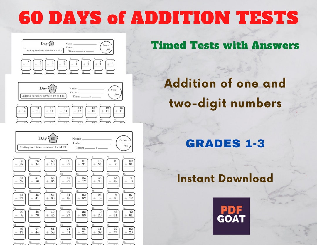 ADDITION Timed Tests (60 Days) With Answer Key - One and Two-digit ...