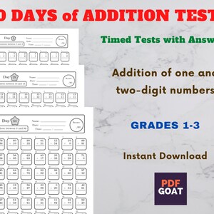 ADDITION Timed Tests (60 Days) With Answer Key - One and Two-digit ...