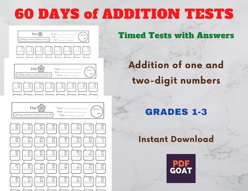 ADDITION Timed Tests (60 Days) With Answer Key - One and Two-digit ...