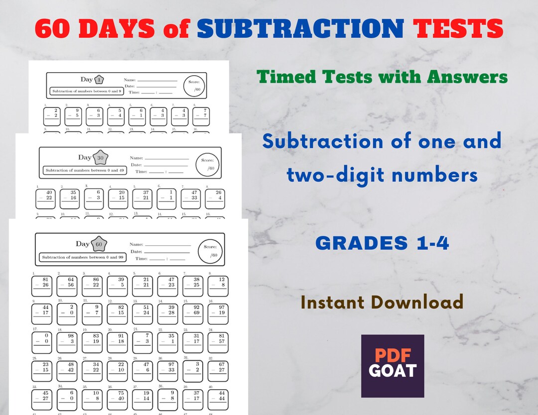 SUBTRACTION Timed Tests (60 Days) With Answer Key - One and Two-digit ...