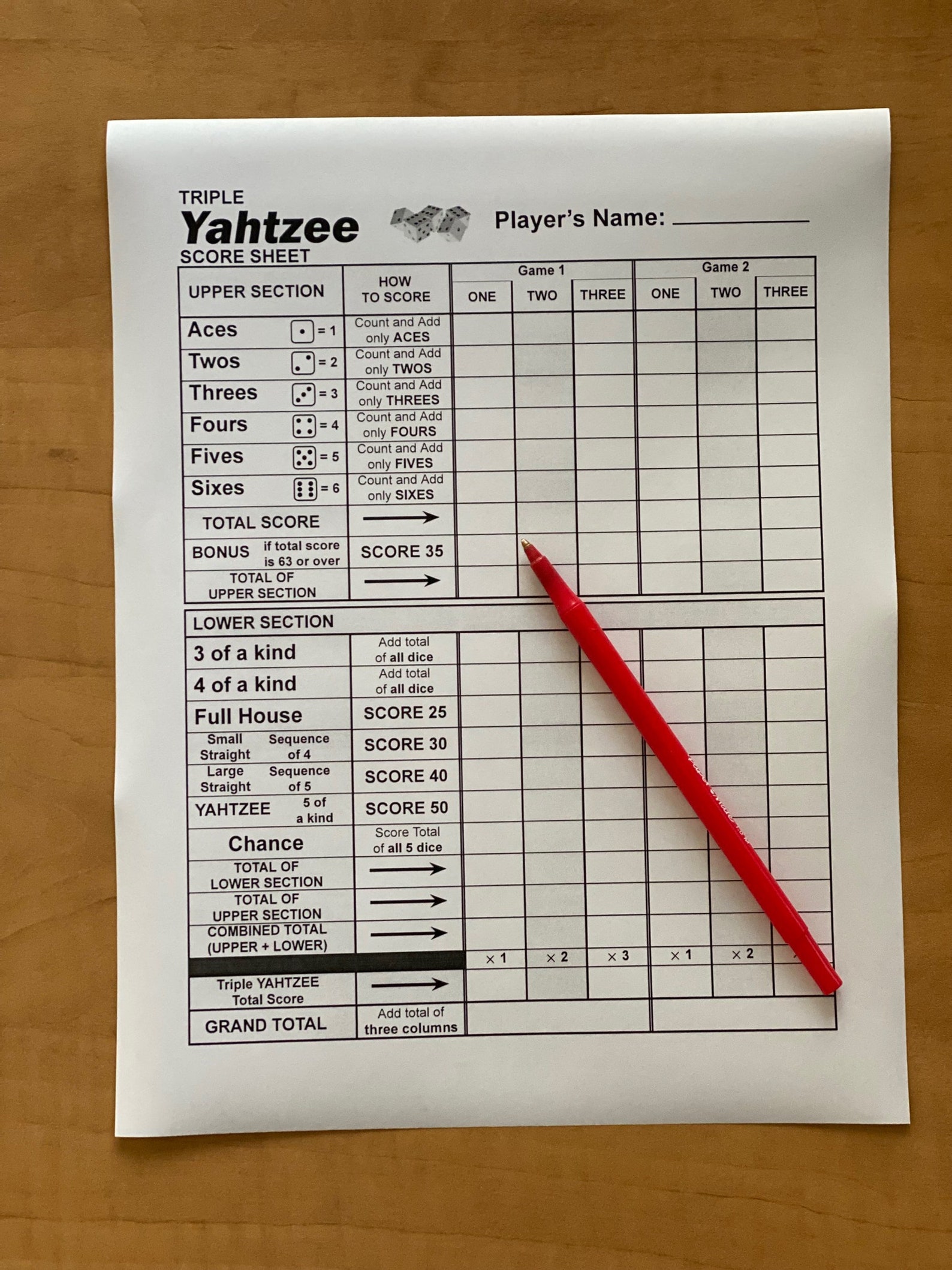 Triple Yahtzee Score Sheet - Printable File - PDF Download (8.5x11 In ...