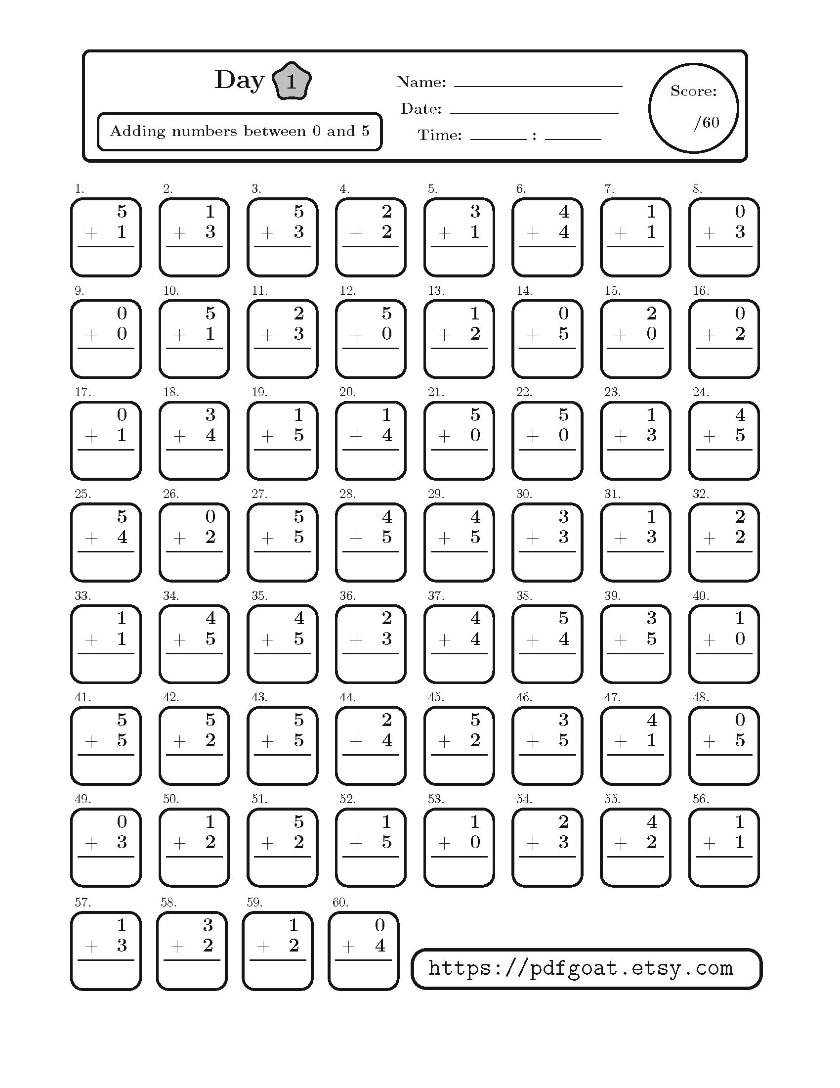 ADDITION Timed Tests (60 Days) With Answer Key - One and Two-digit ...