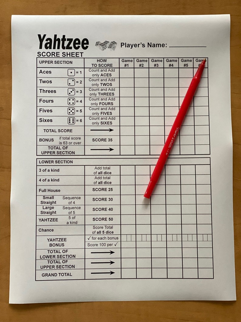 Yahtzee Score Sheet - Printable File - Instant PDF Download (8.5x11 In ...