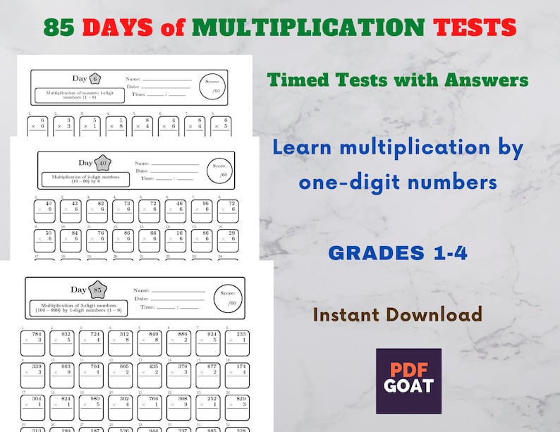MULTIPLICATION Timed Tests 85 Days With Answer Key Learn Multiplication ...