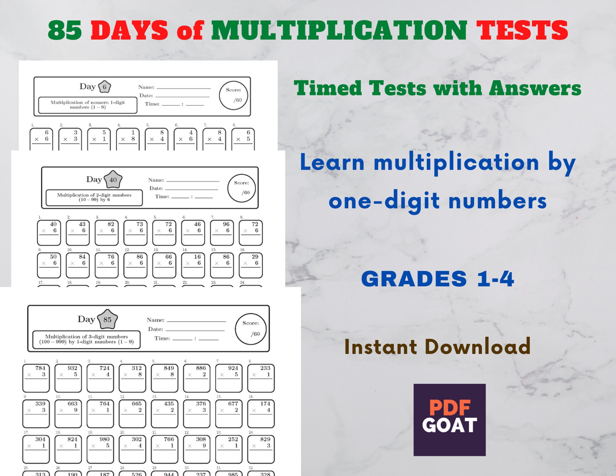 MULTIPLICATION Timed Tests (85 Days) With Answer Key - Learn ...
