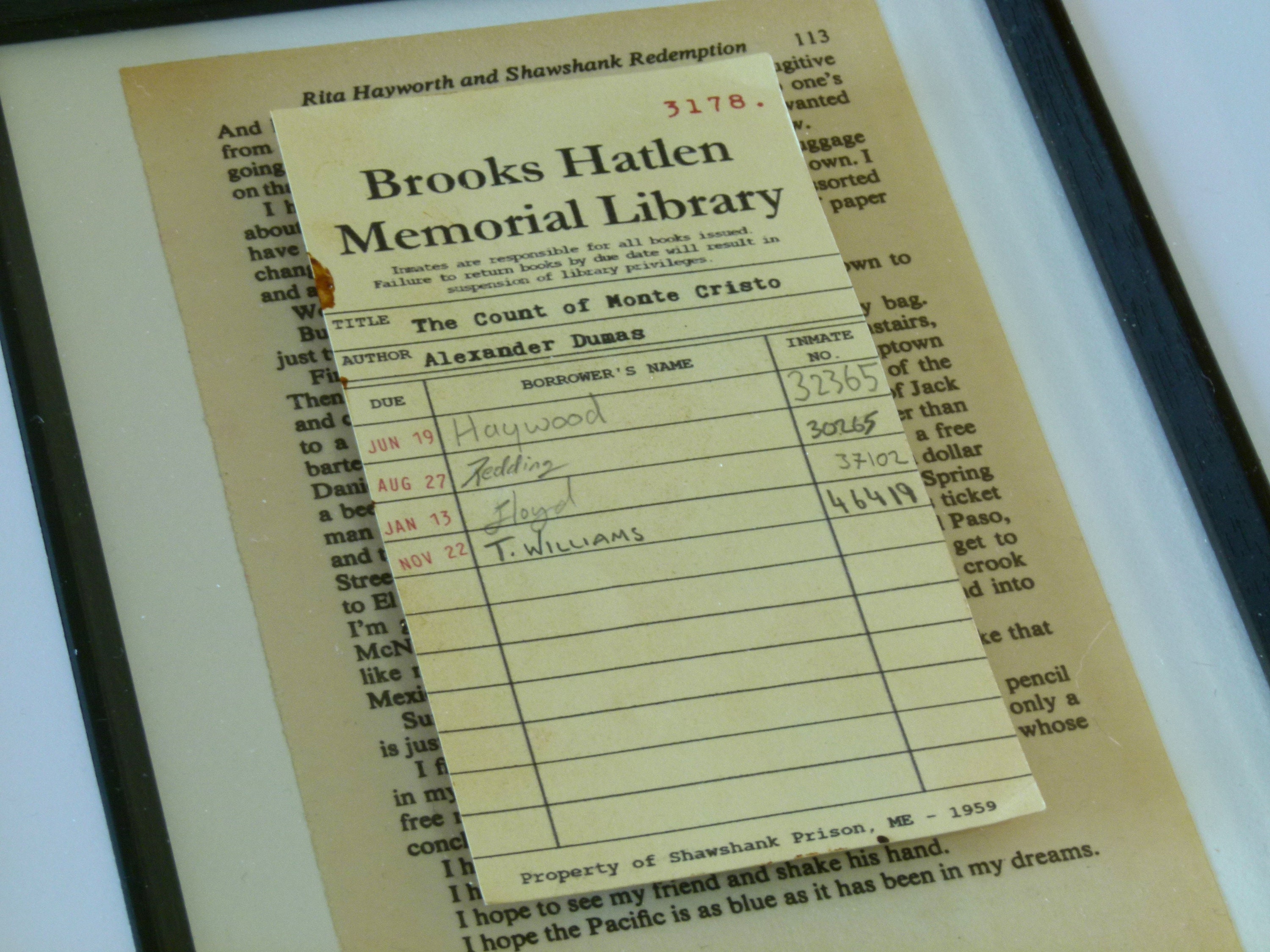 Shawshank Redemption Original Framed Page With Brooks Hatlen Library ...