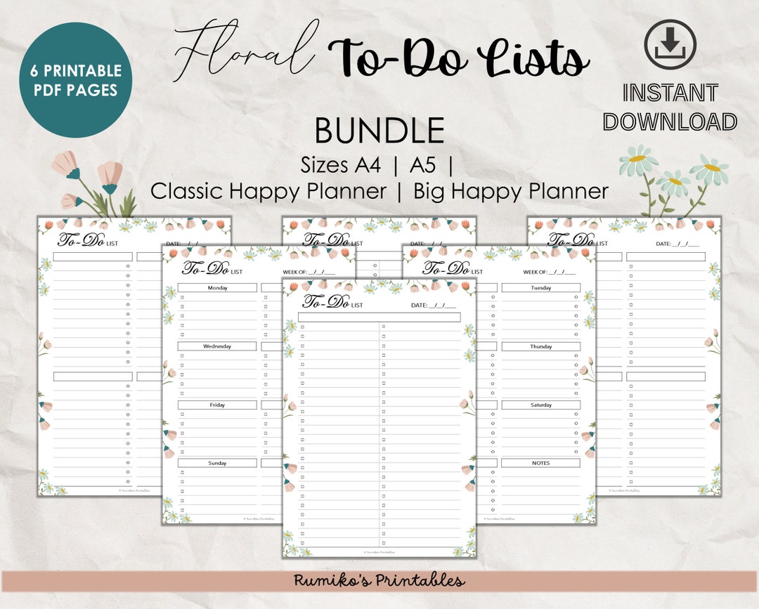 To-do Lists Floral Bundle,planner Inserts,daily Checklists,printables ...