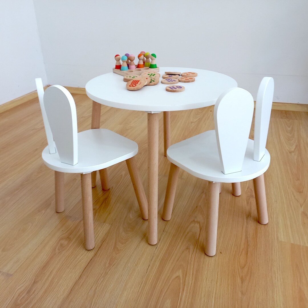 Modern Wooden Mini Kids Round Playing Desk and Bunny Ear Baby Chair for ...