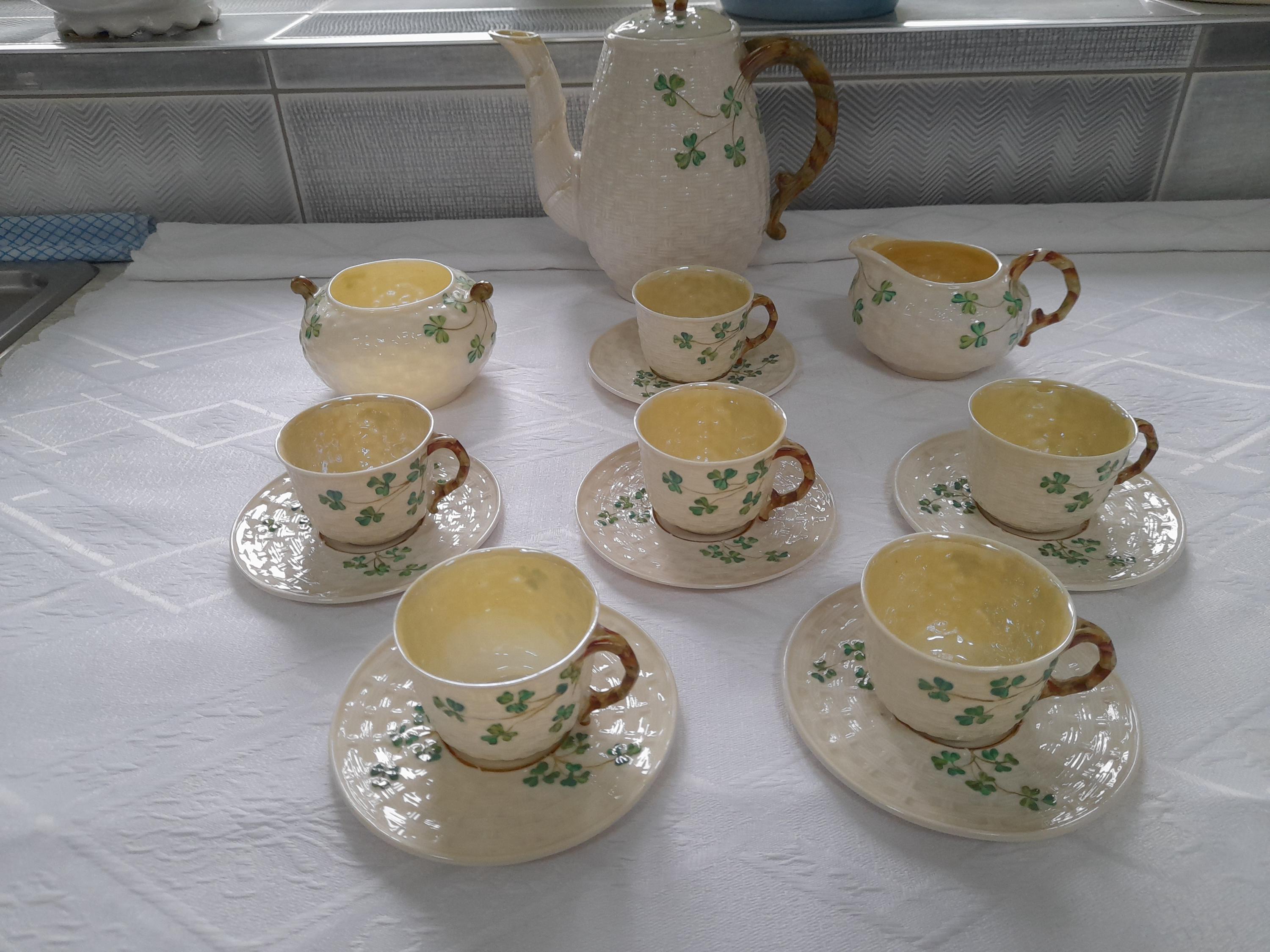Belleek Pottery, 3rd Period (1926 - 1946) Shamrock Pattern Coffee Set ...