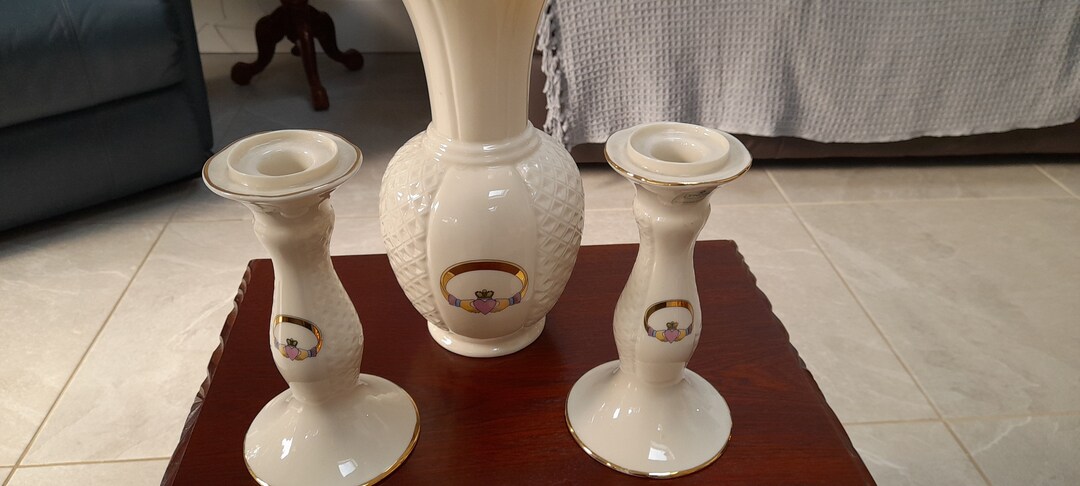 Donegal Pottery Two Candlestick Holders and a Vase, Claddagh Design - Etsy