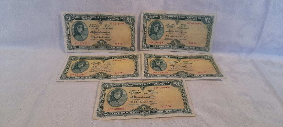 Five Series A One Pound Banknotes, Central Bank of Ireland, Issued 16th ...