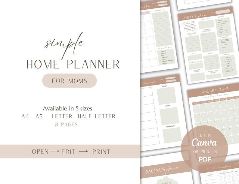 Simple Home Planner for Moms: Daily, Weekly, Monthly (canva Editable ...