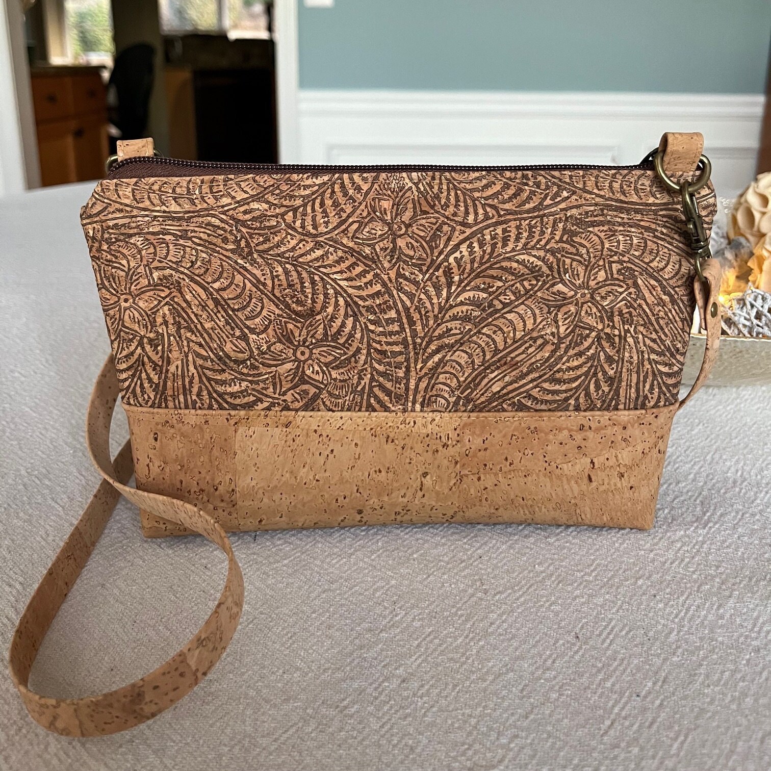 Cork Crossbody Purse Natural With Embossed Floral Pattern Sustainable ...