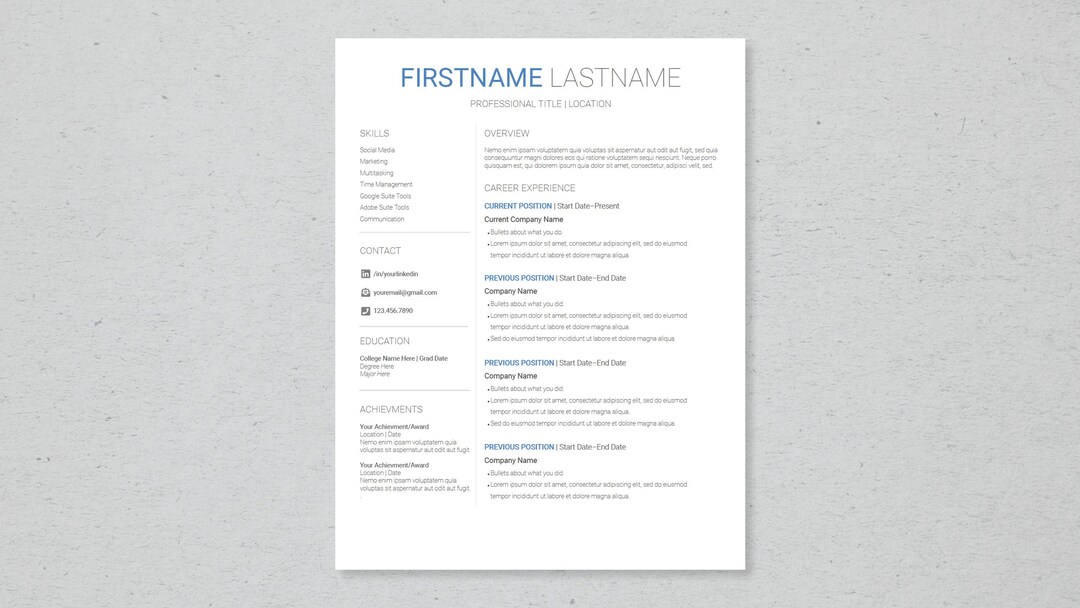 Resume Template | Google Doc | Microsoft Word - Etsy
