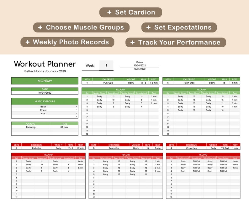 Workout Planner Spreadsheet for Google Sheets, Daily, Weekly, Fitness ...
