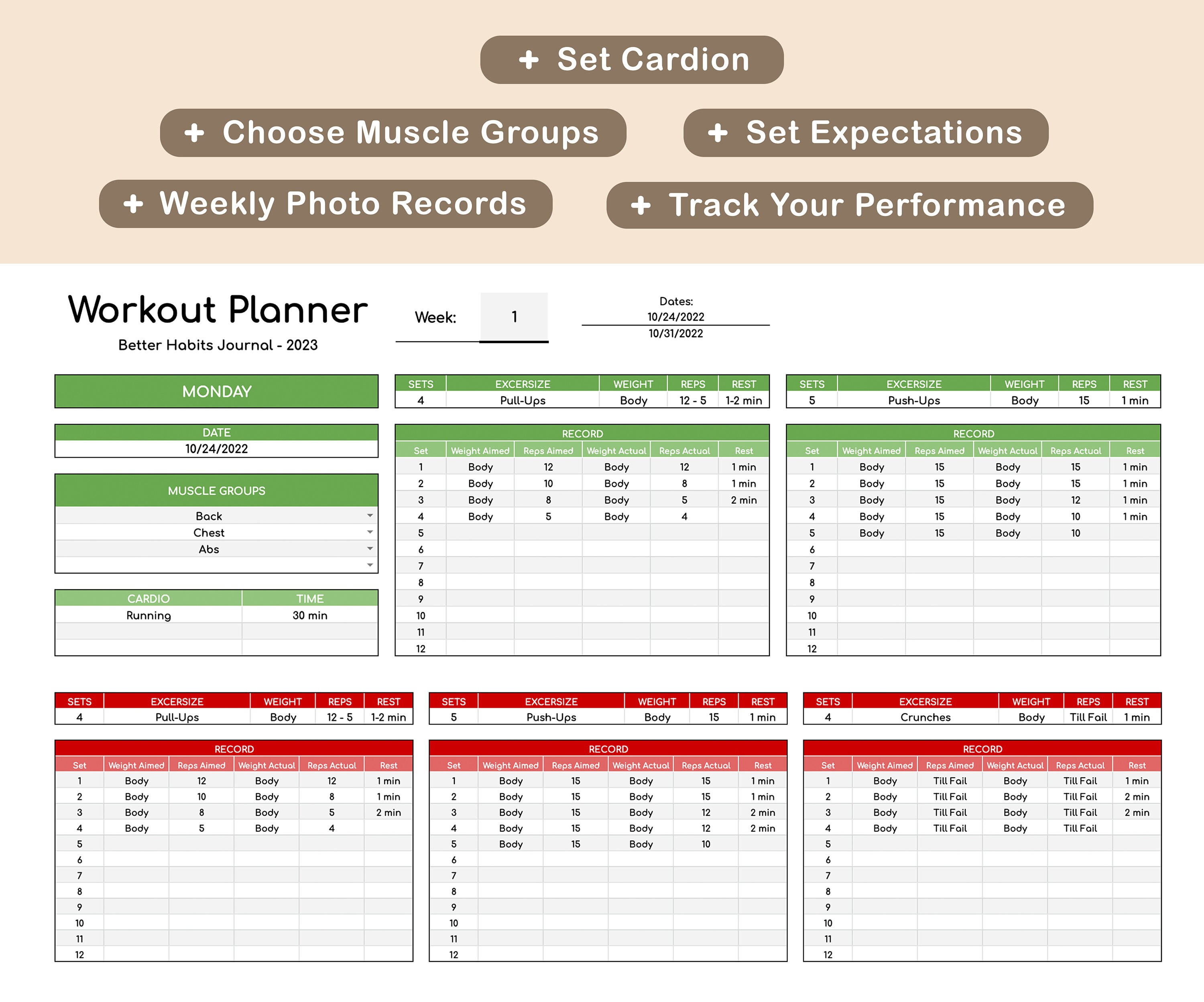 Workout Planner Spreadsheet for Google Sheets, Daily, Weekly, Fitness ...