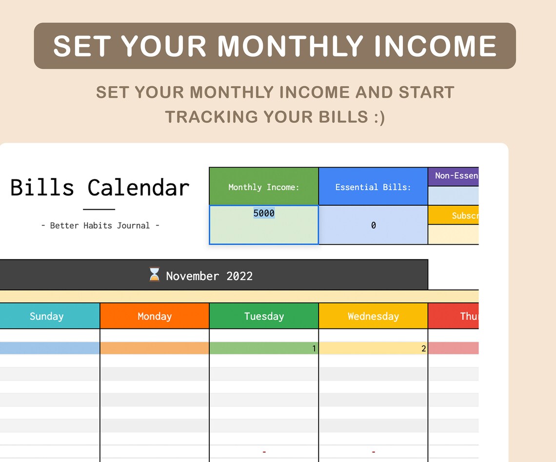 Bills Calendar Spreadsheet Google Sheets Debt Bill Payment - Etsy Canada