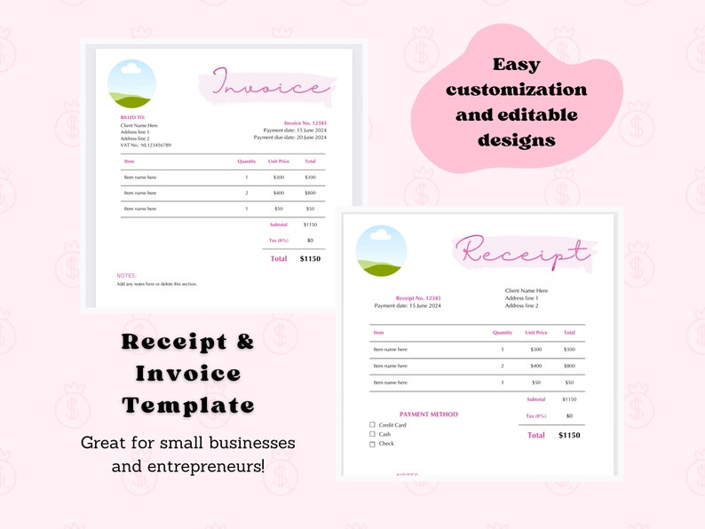 Pink Invoice and Receipt Template Bundle - Editable Small Business ...