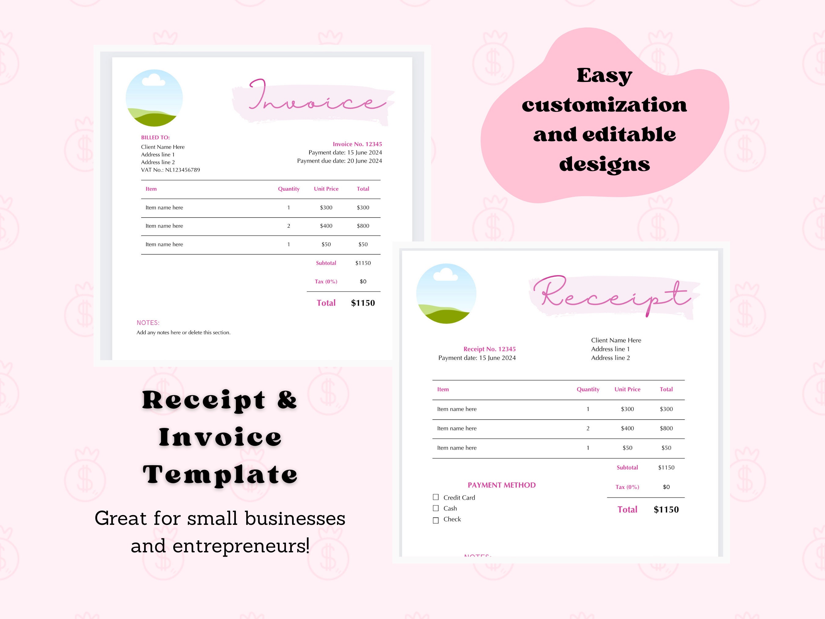 Invoice Template Bundle - Pink, Invoice and Receipt Templates, Small ...