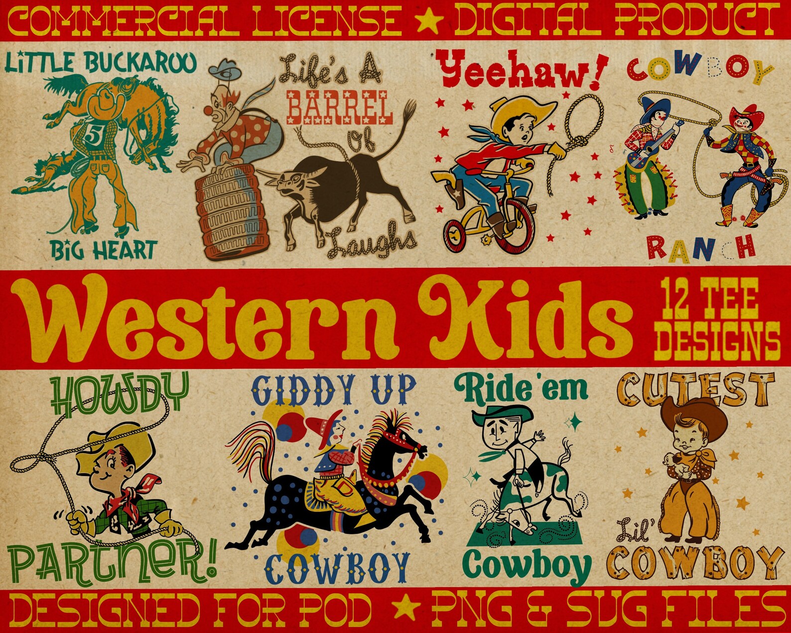 Retro Kids Western Cowboy Bundle: Vintage Clipart for Sublimation, DTG ...
