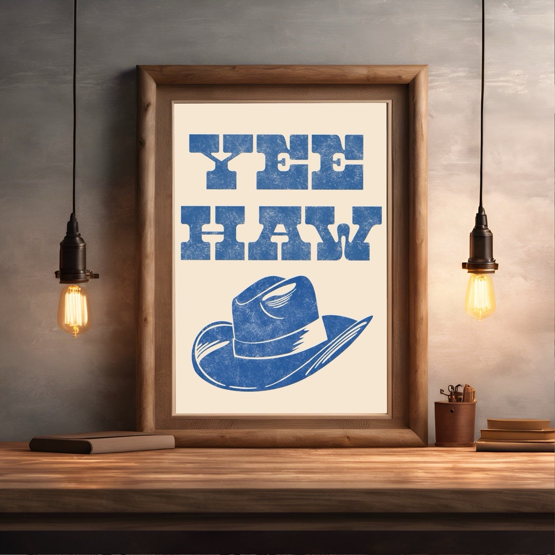 Yeehaw Blue Cowboy Hat Wall Art PDF, Printable Western Décor, Retro ...