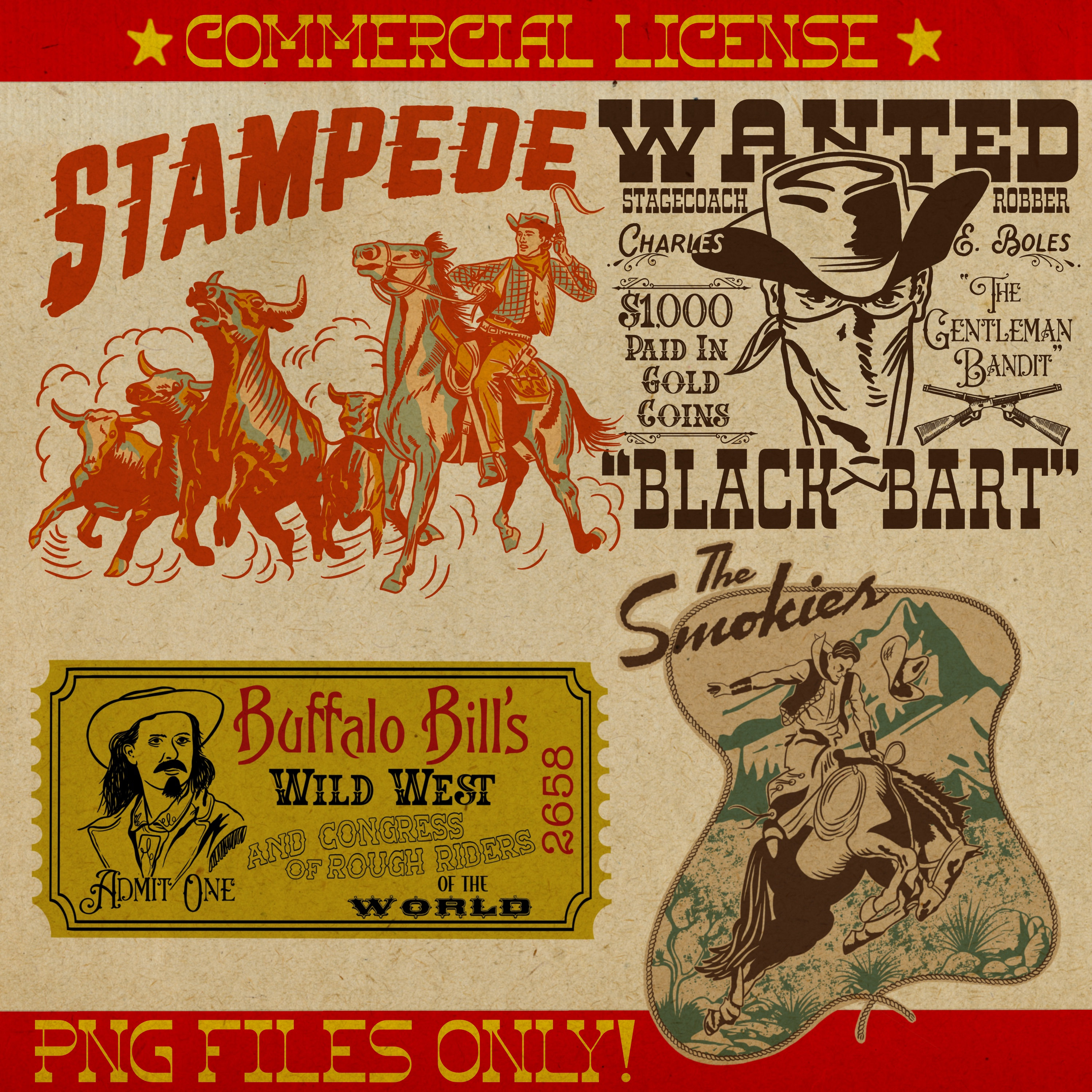 Retro Cowboy Western PNG Designs, Bundle 2, Set of 12 Western Digital ...