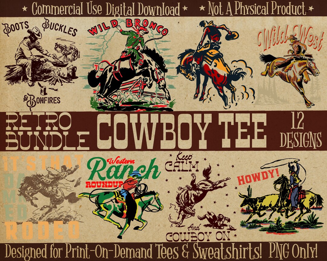 Retro Cowboy PNG Digital Download Bundle #1 for Sublimation, Set of 12 ...