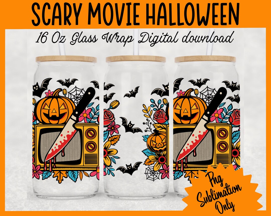 Retro Scary Movie Glass Wrap PNG, Digital Sublimation 16oz Can Wrap ...
