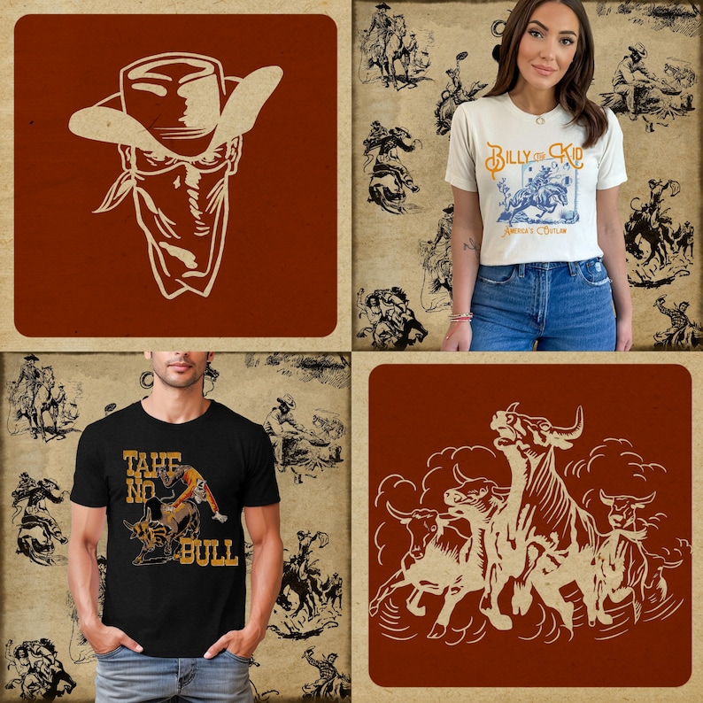 Retro Cowboy Western PNG Designs, Bundle #2, Set of 12 Western Digital ...