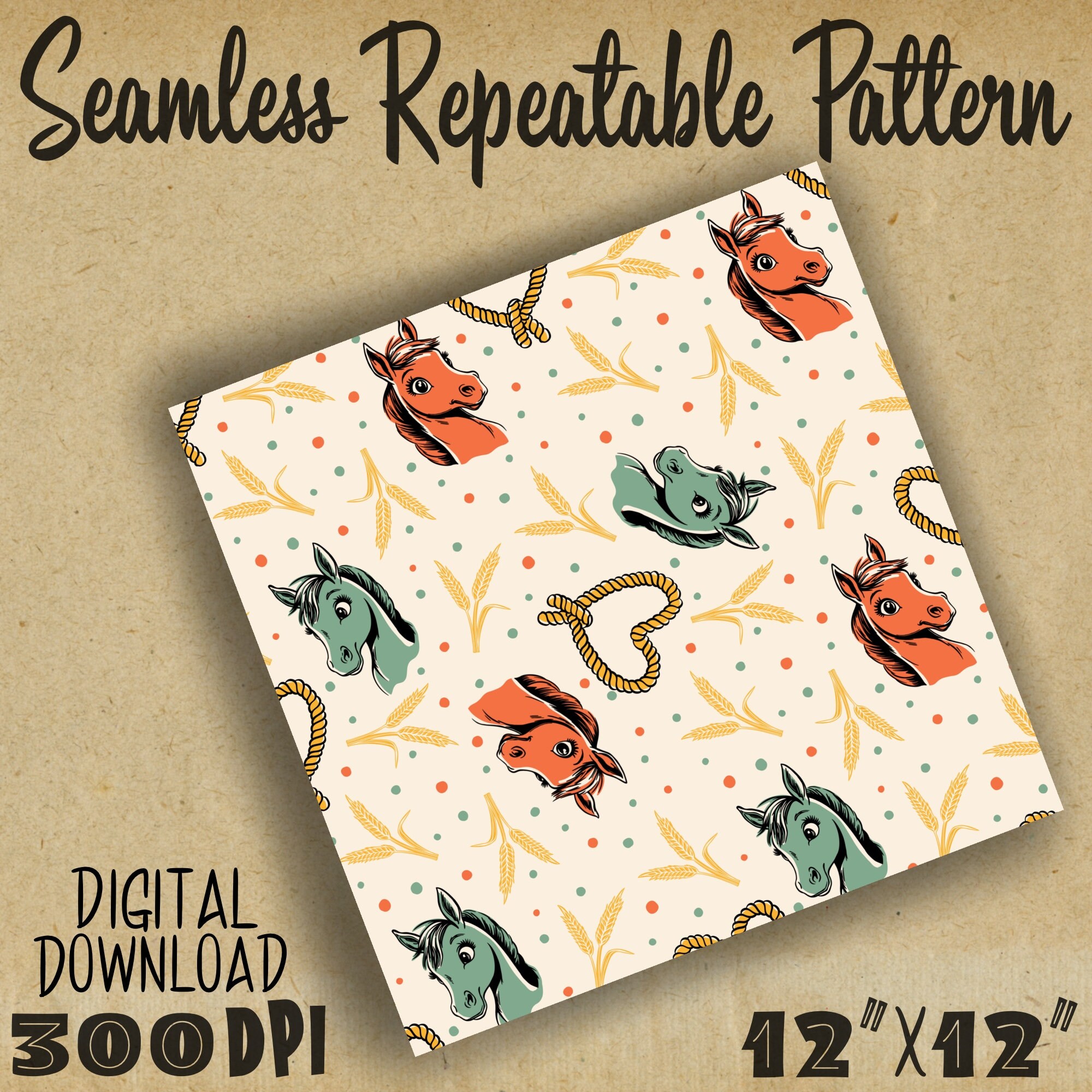 Retro Western Horse Seamless Repeat Pattern PNG Sublimation Digital ...