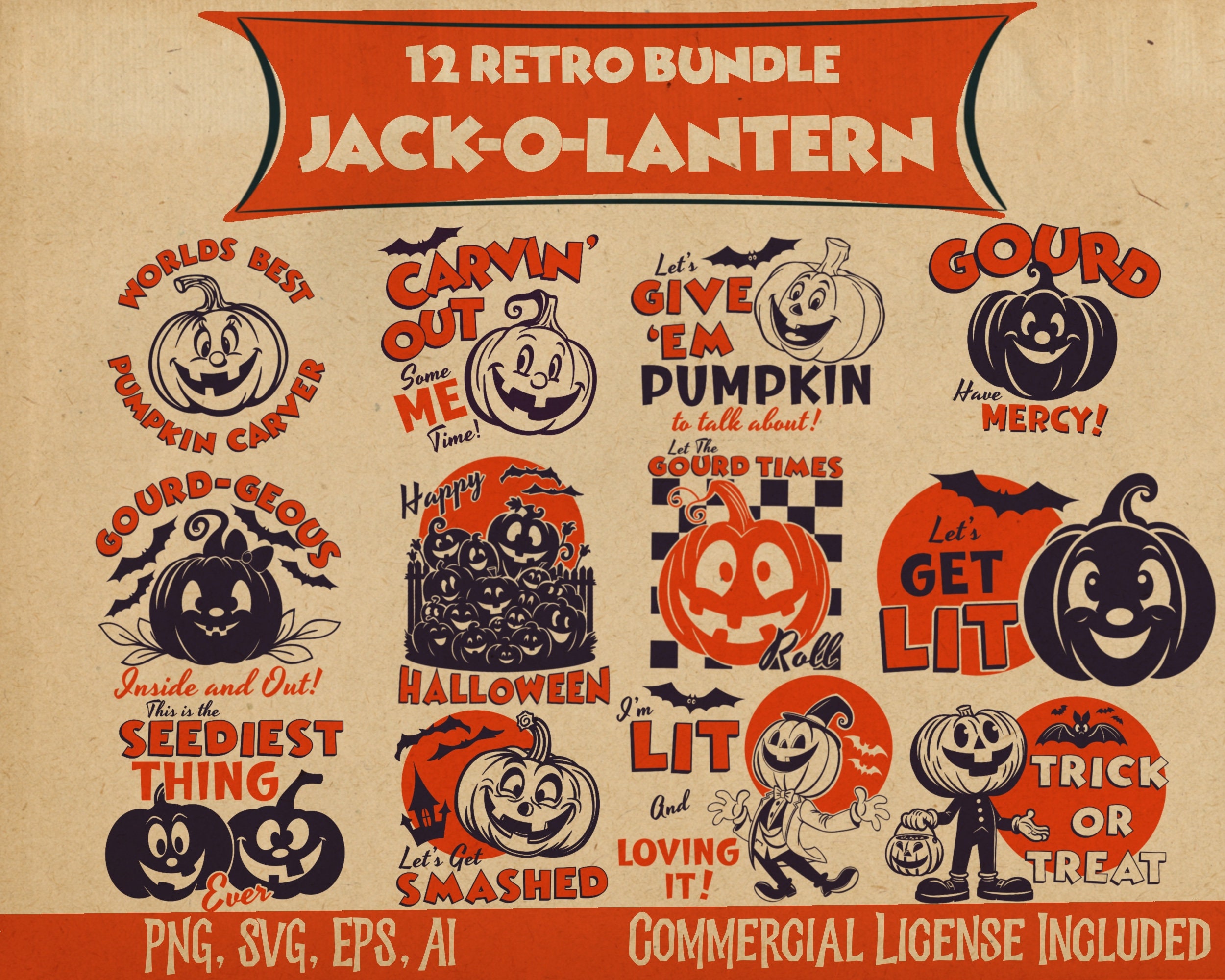Retro Halloween Jack-o-lantern Bundle of 12 Digital Downloads, Great for Sublimation, Vintage ...