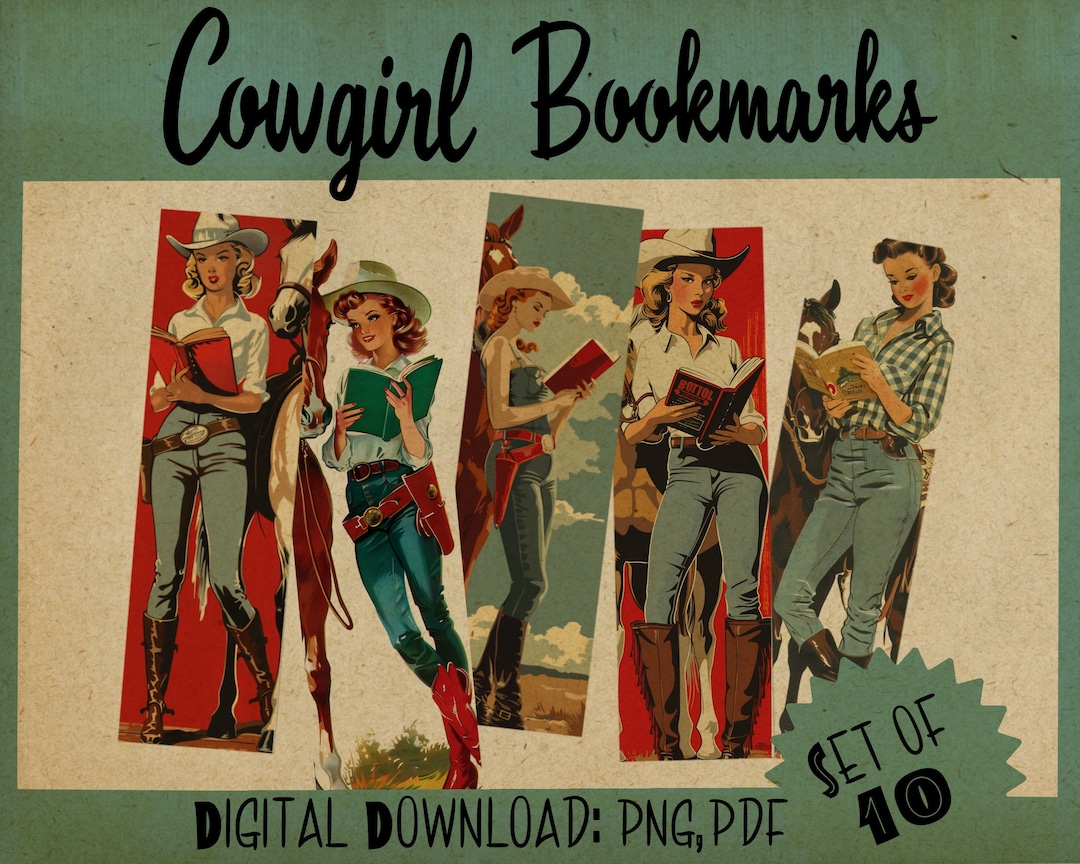 Cowgirl Retro Western Bookmarks - Set of 10 Printable Bookmarks - Vintage Style Western ...