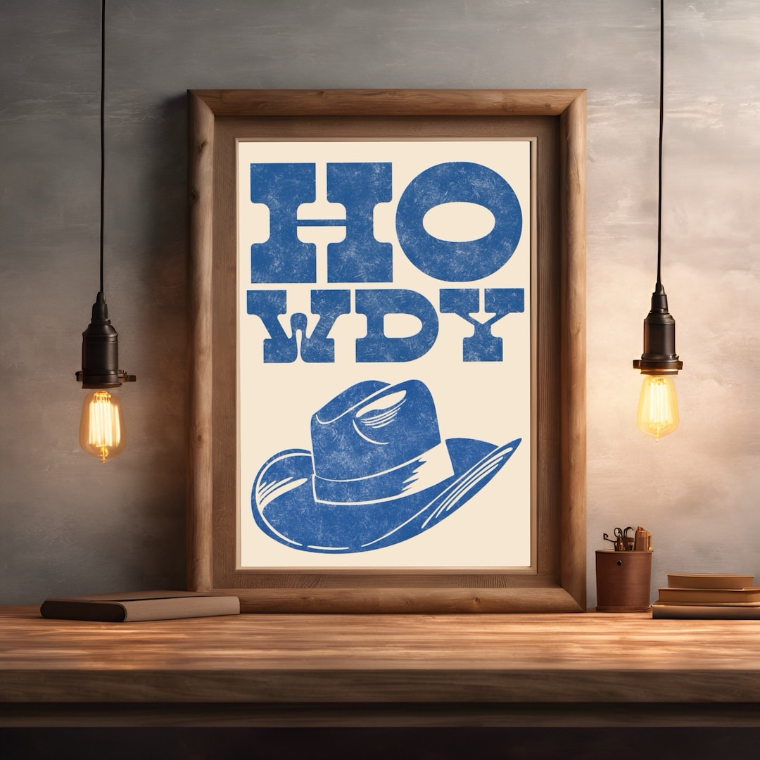 Howdy Blue Cowboy Hat Wall Art PDF, Printable Western Décor, Retro ...