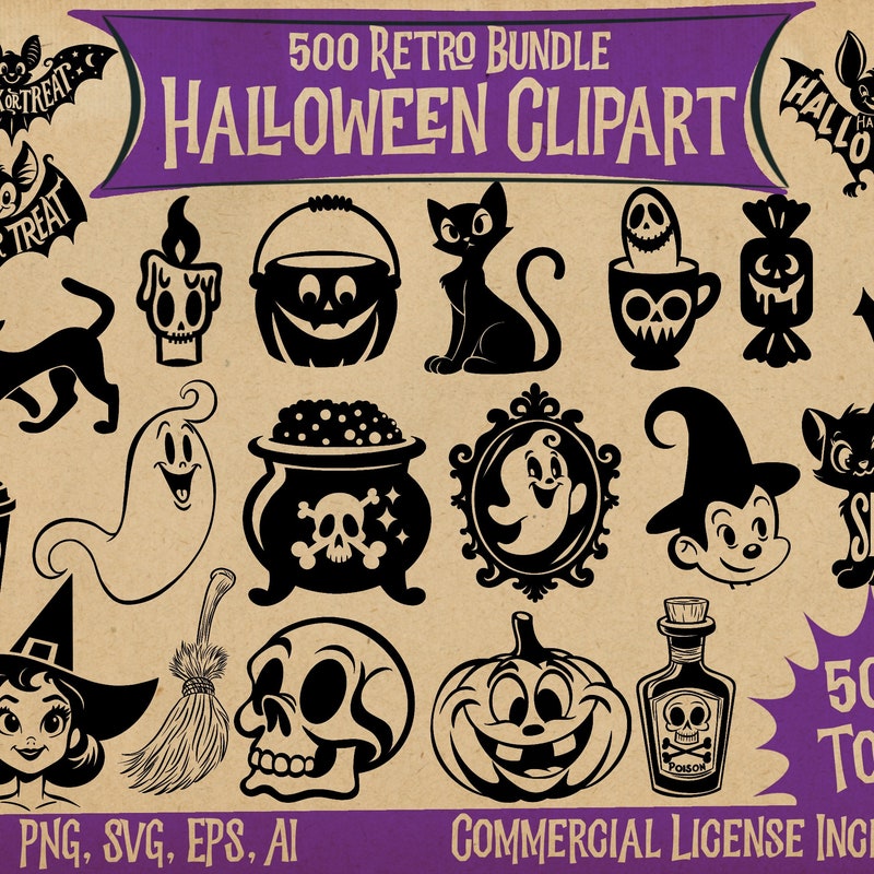 Halloween Retro Clipart - Etsy