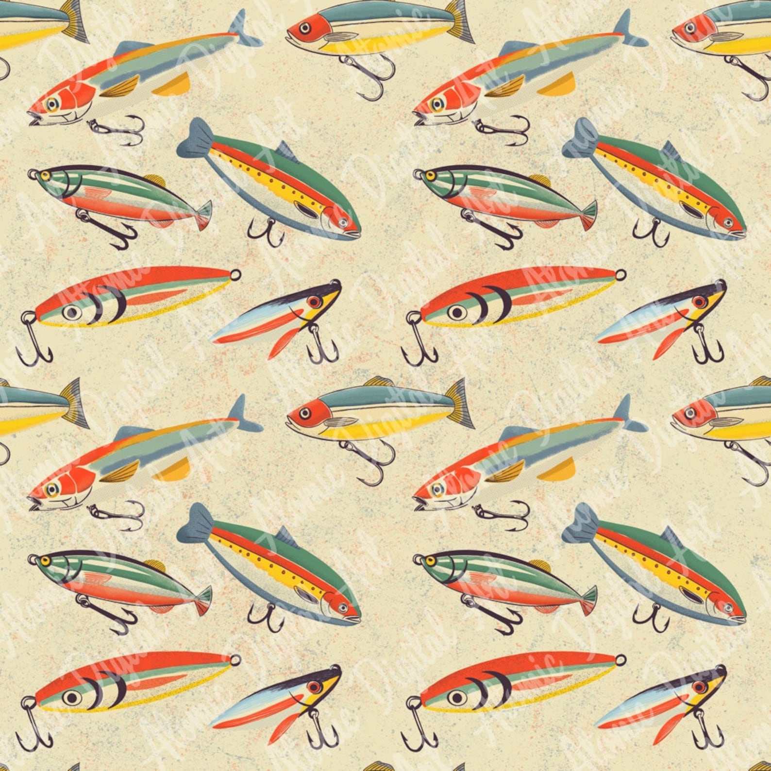 Vintage Midcentury Fishing Lures Repeat Pattern, Digital Art File, PNG ...