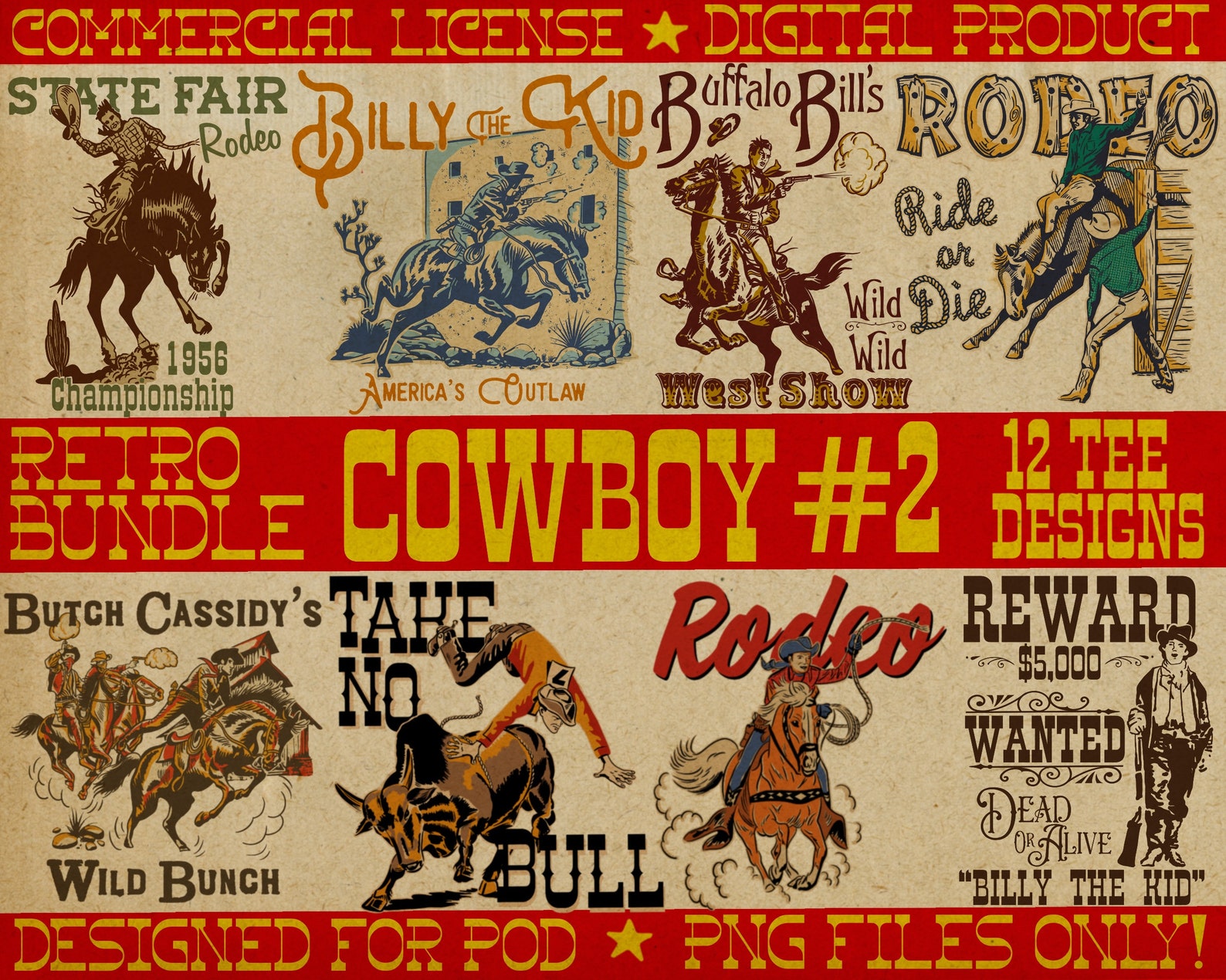 Retro Cowboy Western PNG Designs, Bundle #2, Set of 12 Western Digital ...
