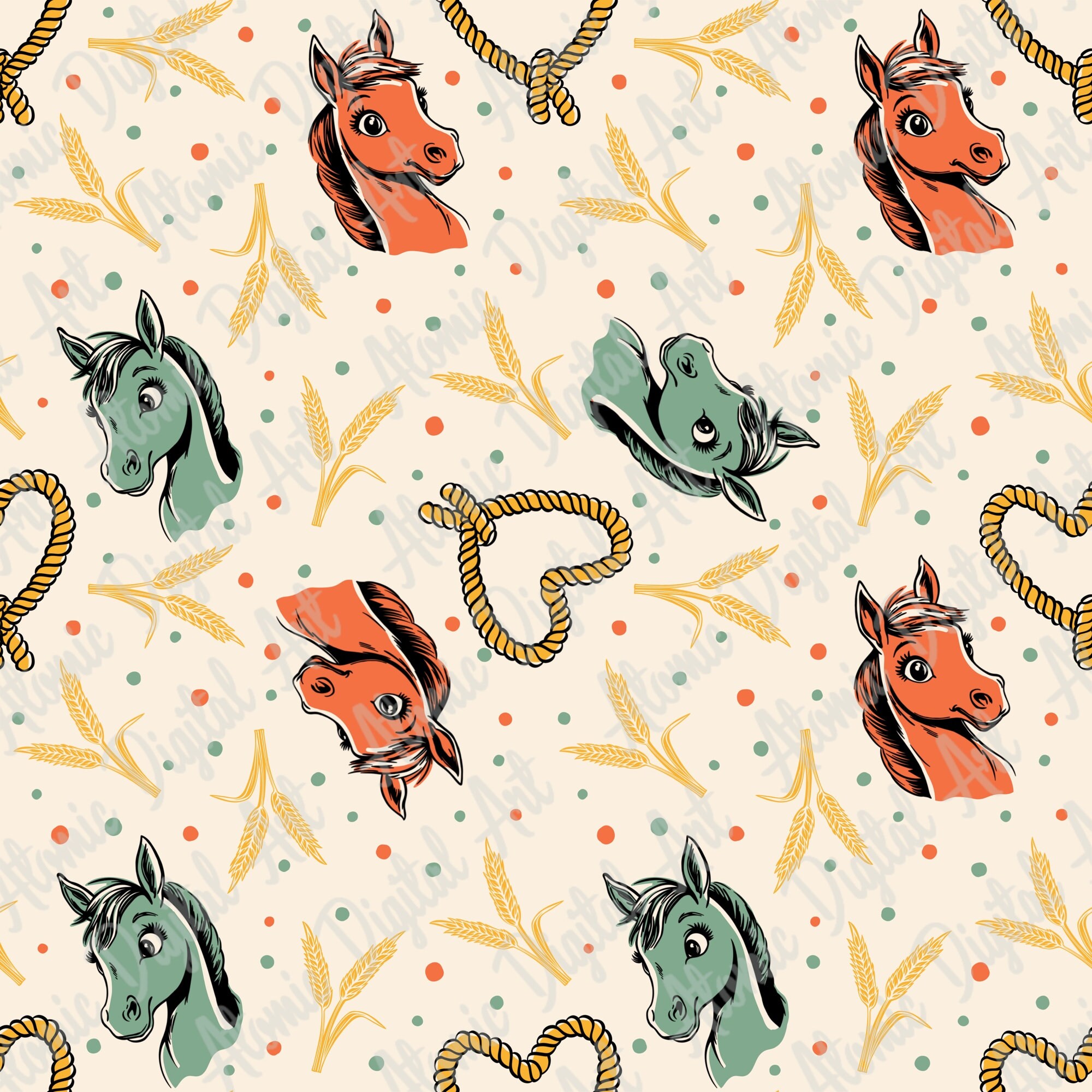 Retro Western Horse Seamless Repeat Pattern PNG Sublimation Digital ...