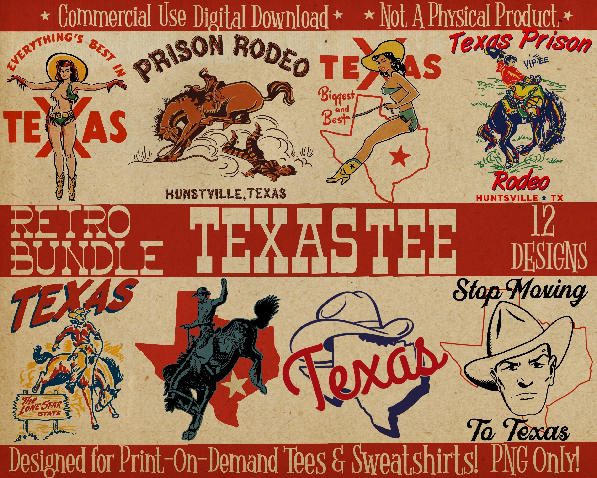Retro Texas PNG Digital Download Bundle for Sublimation, Set of 12 ...