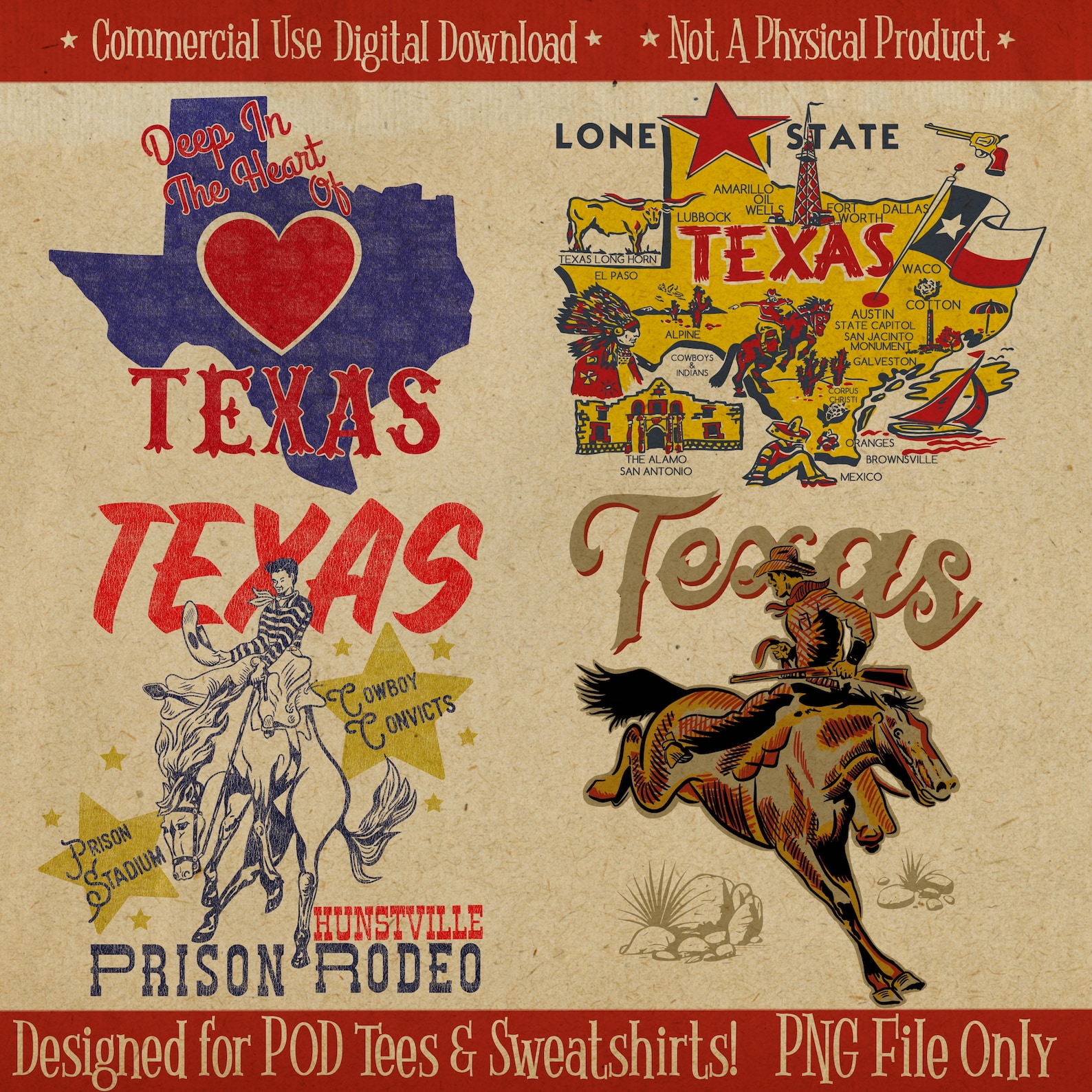 Retro Texas PNG Digital Download Bundle for Sublimation, Set of 12 ...