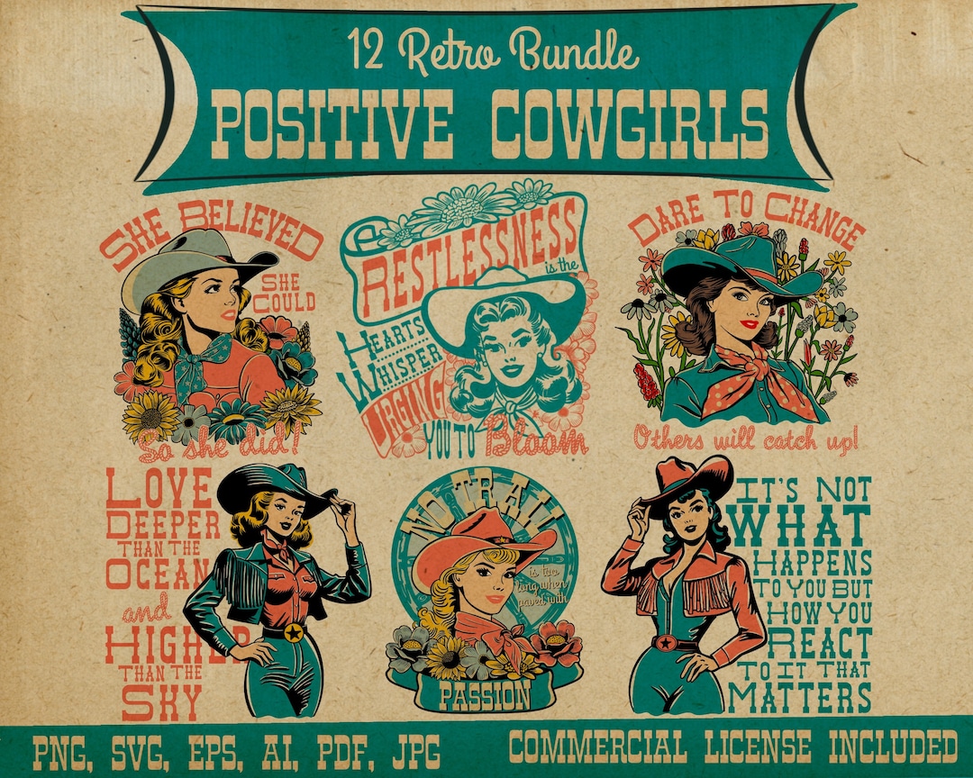 Positive Cowgirl Bundle, Set of 12 Digital Downloads, Retro Western ...