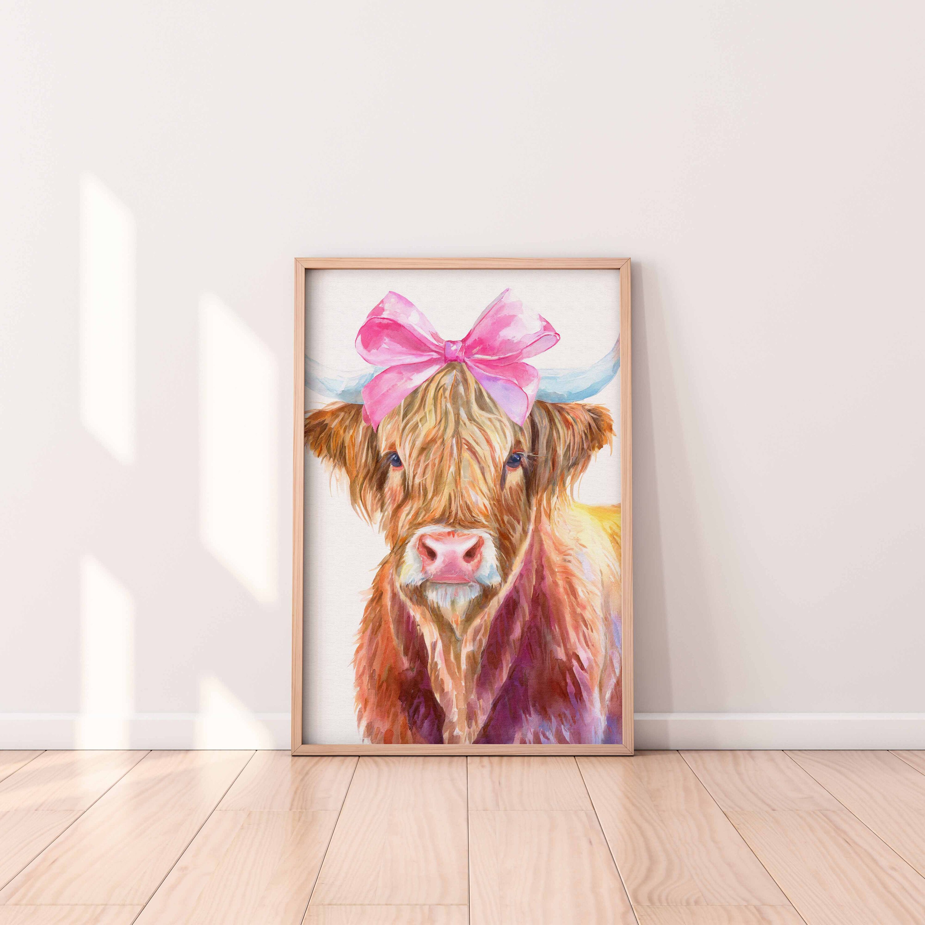 Coquette Printable Wall Art of Highland Cow With Bow Watercolor Pink ...