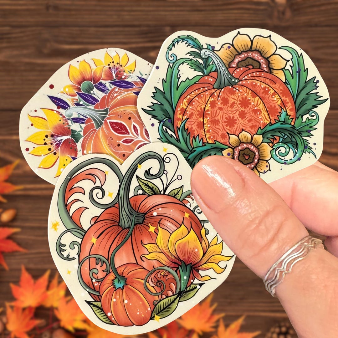 Whimsical Pumpkin Stickers~collection of Three Fancy Pumpkins With ...