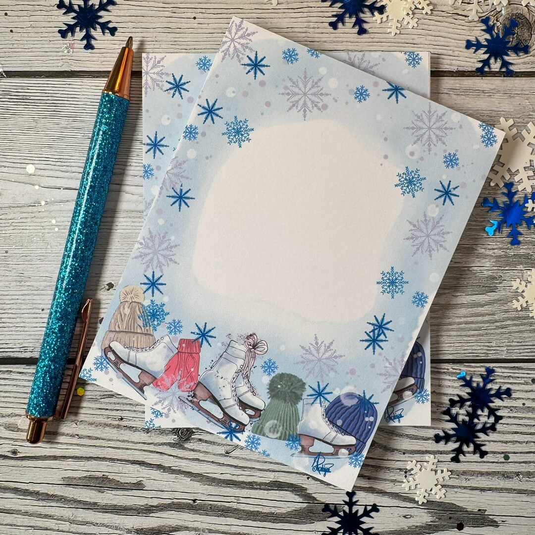 Snowflakes and Ice Skates Notepadwinter Themed Memo Padfeaturing ...