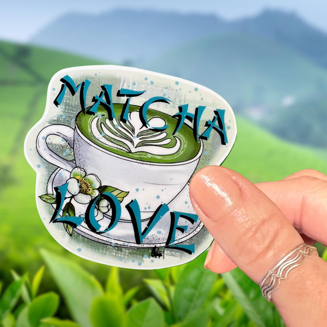 Matcha Latte Vinyl Sticker~cup With Hot Green Tea Latte and Heart Foam ...