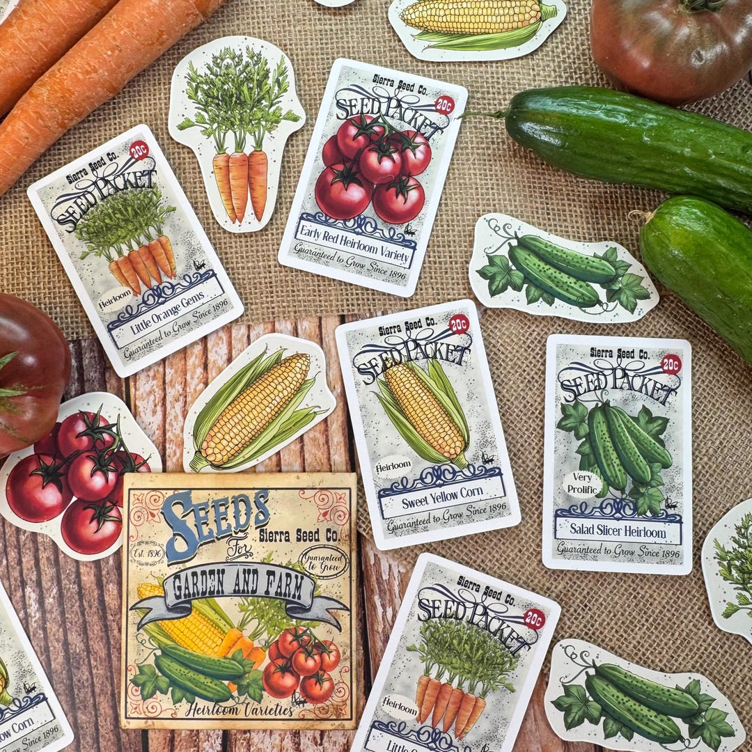 Vintage Vegetable Sticker Collection Packed in a Retro Style Paper Seed ...