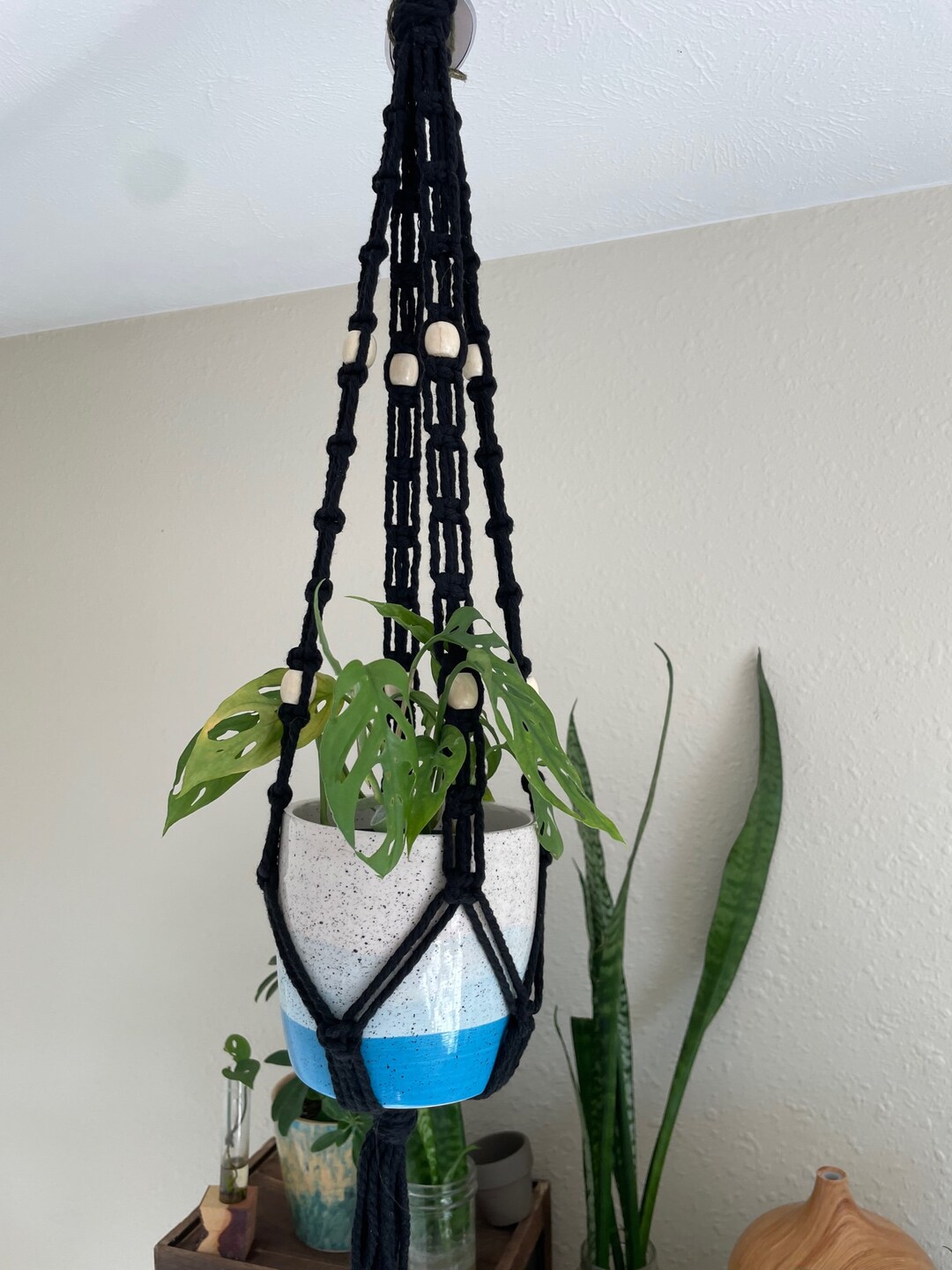 Black Macrame Plant Hanger, Boho Plant Hanger, Macrame Plant Holder ...