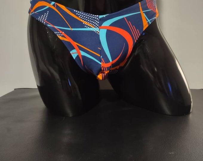 Blue and Orange Abstract Men's Swim Bikini Brief Half Back Cheeky Thong ...